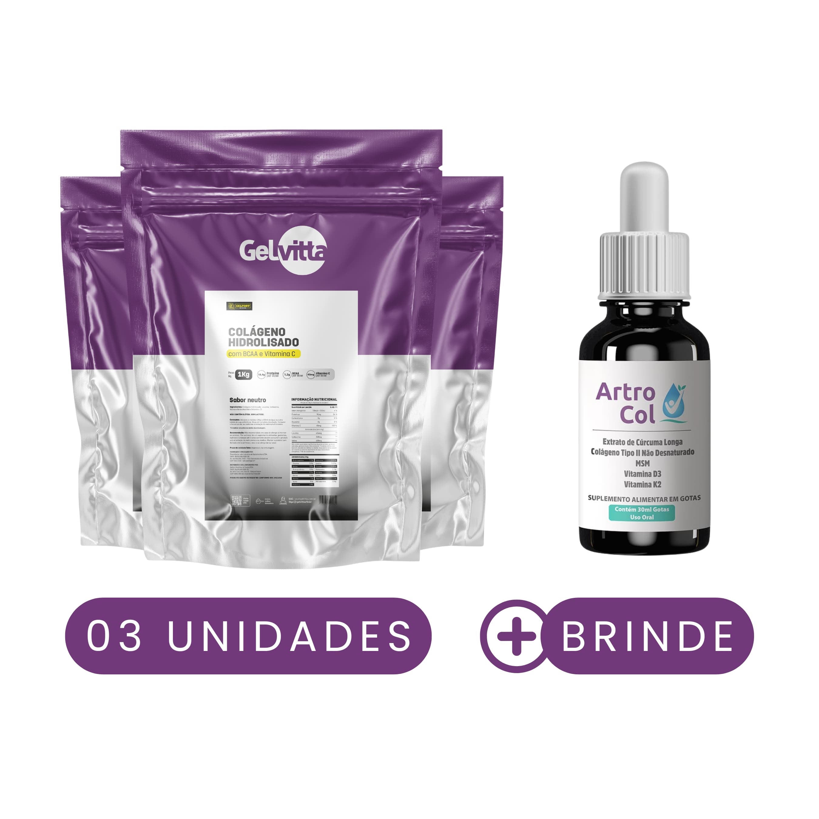 KIT 3X COLÁGENO PURO COM BCAA E VITAMINA C 1 KG + BRINDE ARTROCOL